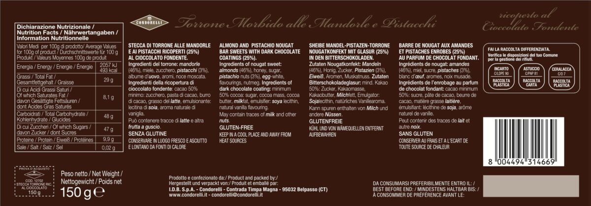 Stecca di torrone morbido ricoperto Cioccolato fondente - Condorelli